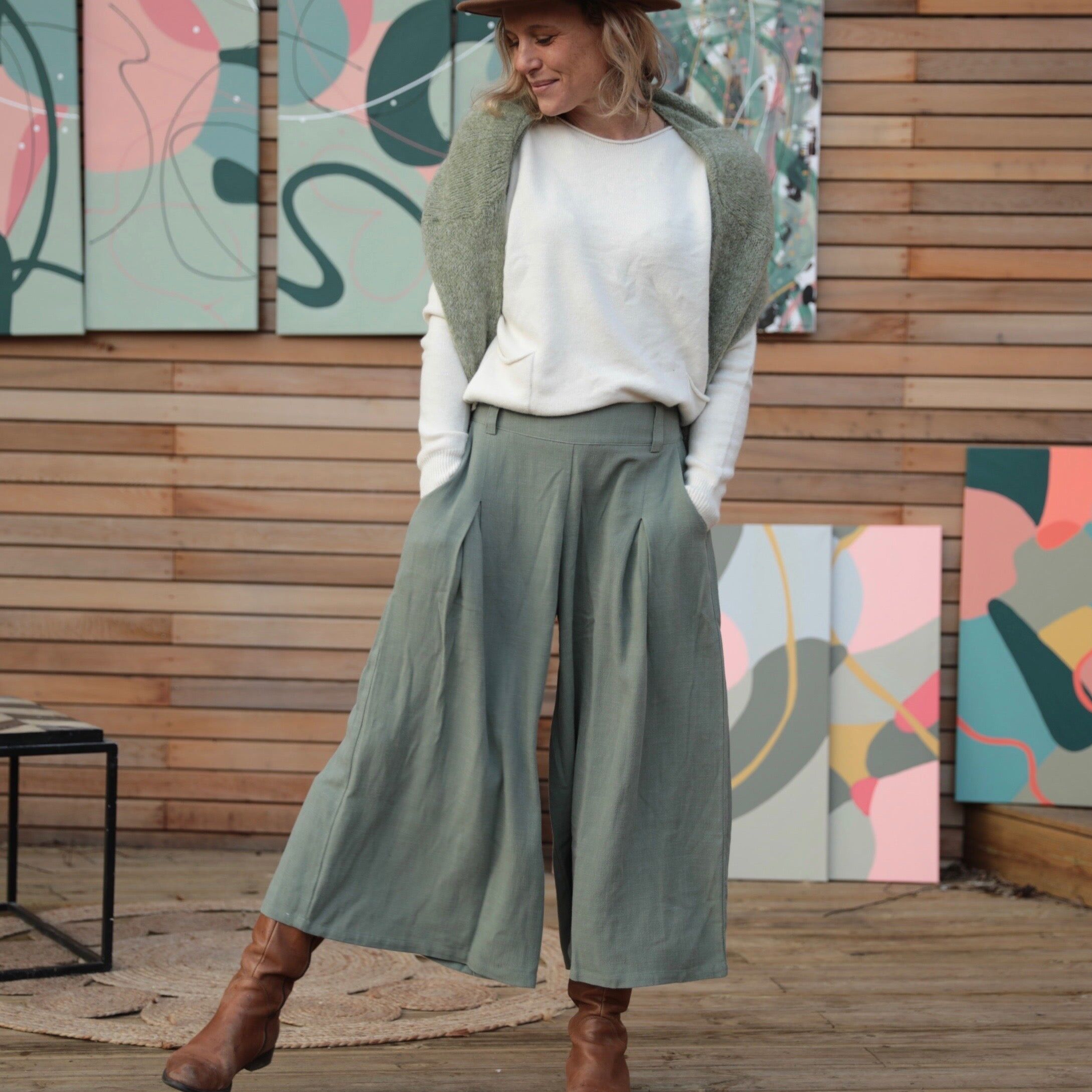 Buy wholesale Almond green viscose linen Tania culottes