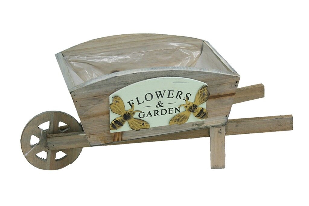 Buy wholesale Wheelbarrow planter in white wood with detail of bees.