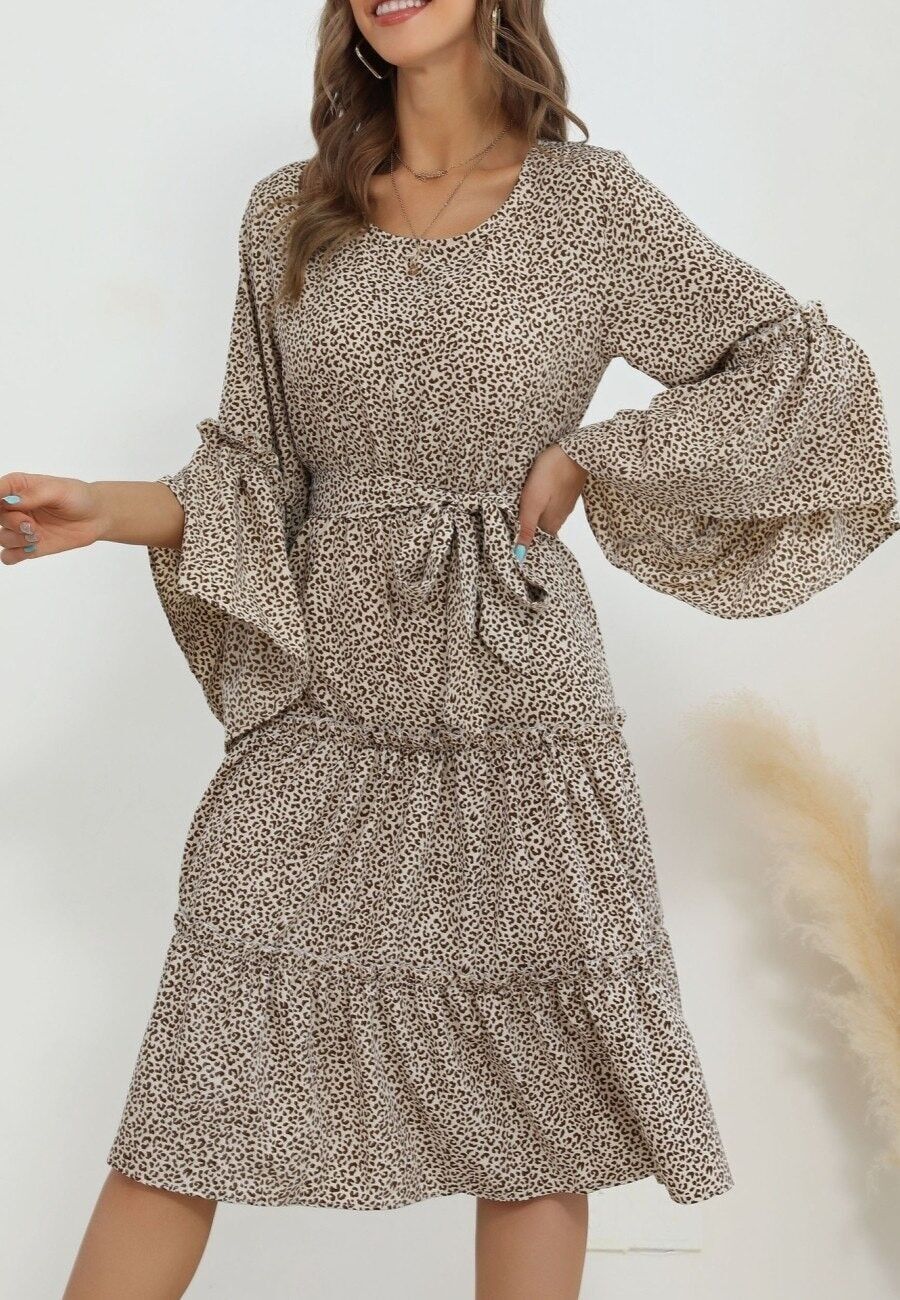 Buy wholesale Leopard Bell Sleeve Tiered Dress-Beige