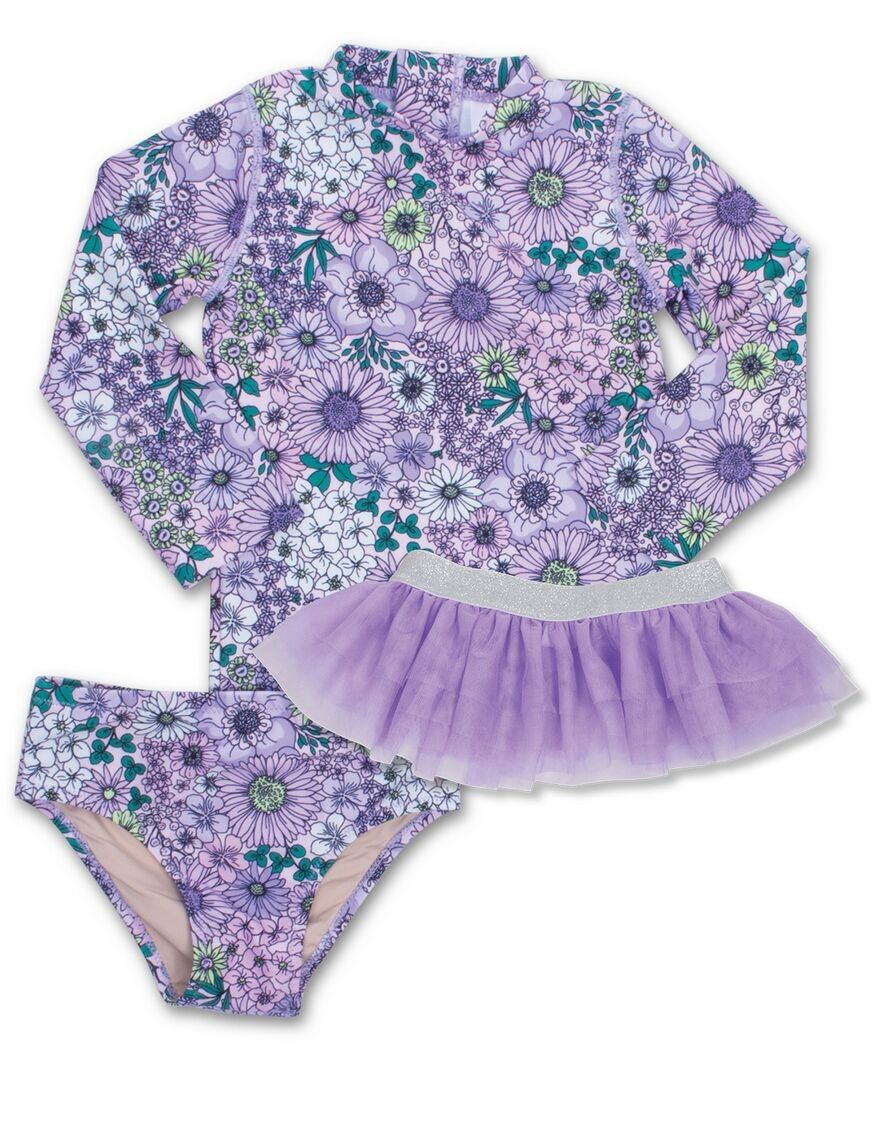 Buy wholesale Mod Purple Floral w/ tutu Girls Two Piece Rashguard Swim