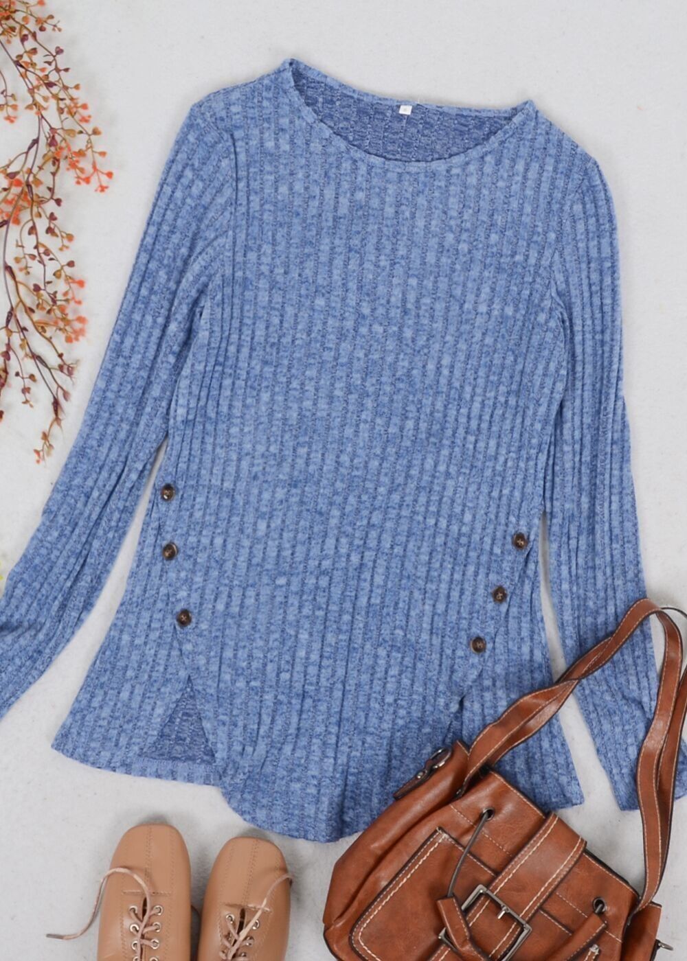 Buy wholesale Curved Hem Side Button Sweater-Blue