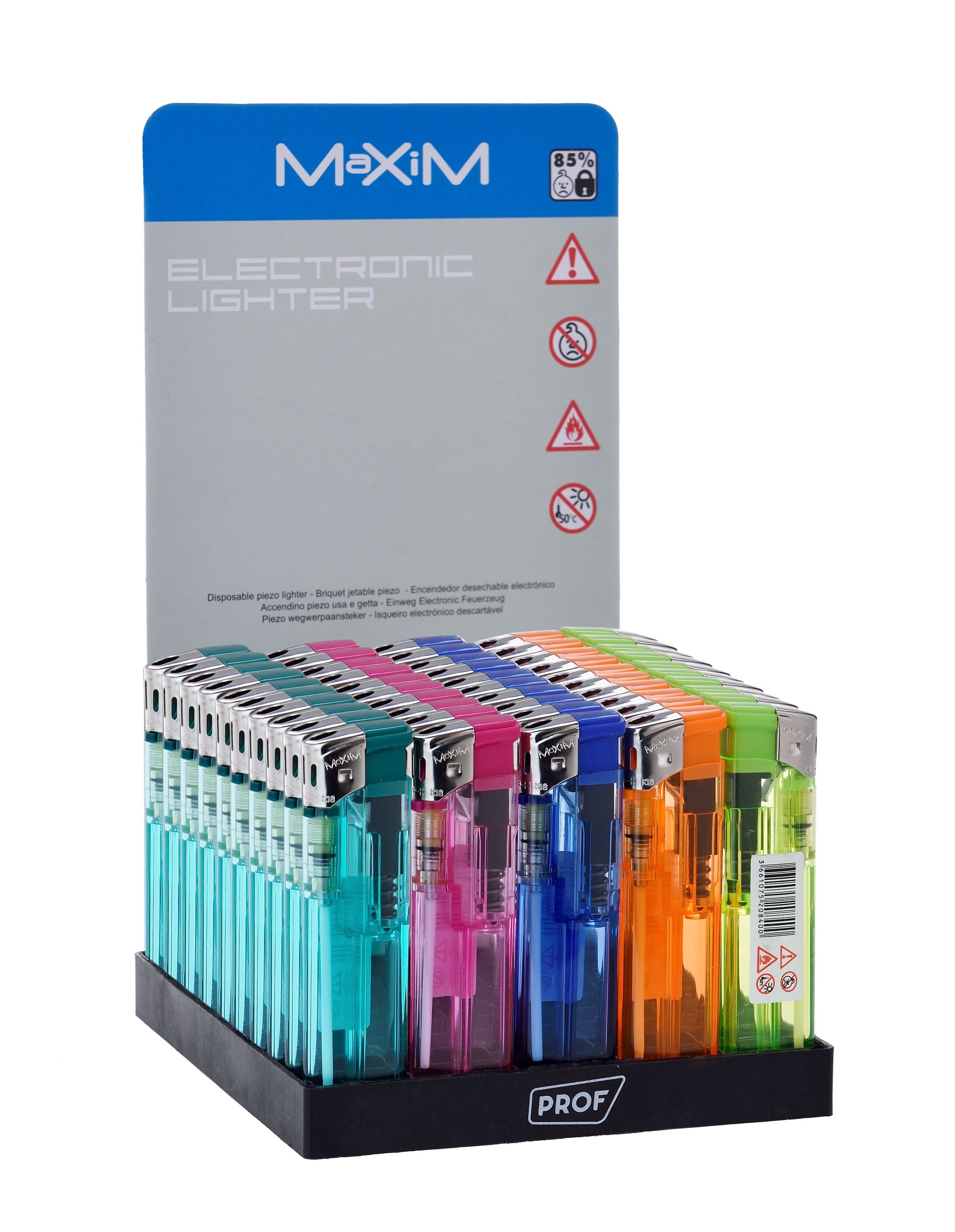 Buy wholesale Display of 50 transparent lighters in electronic colors