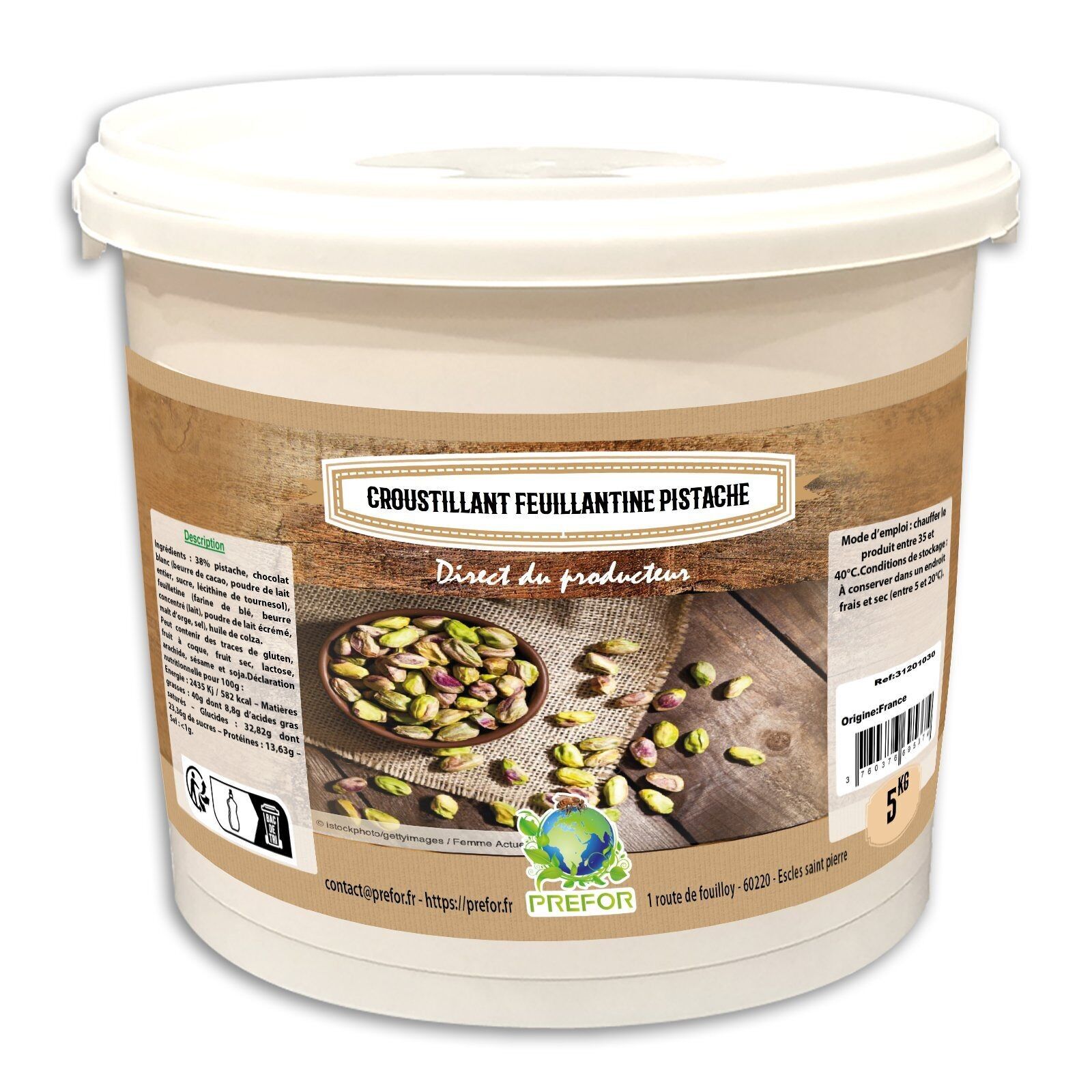 Achat Croustillant feuillantine pistache seau 5kg en gros