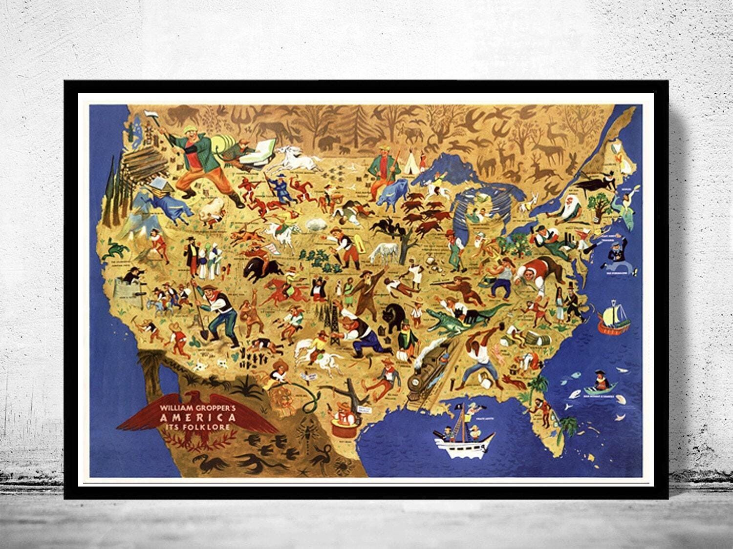 Buy wholesale Vintage Map of United States America, its folklore ...
