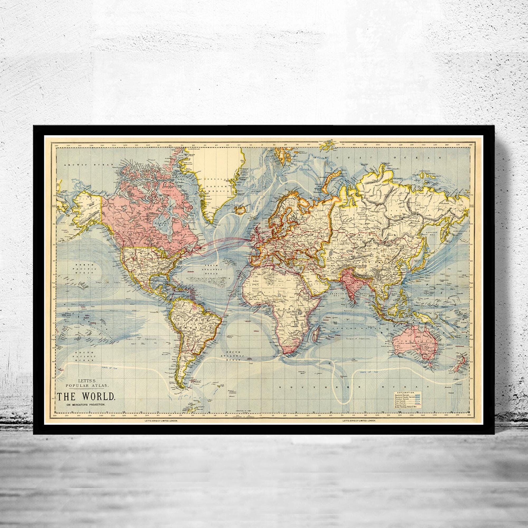 Buy wholesale Vintage World Map 1883 Mercator projection Vintage Map ...