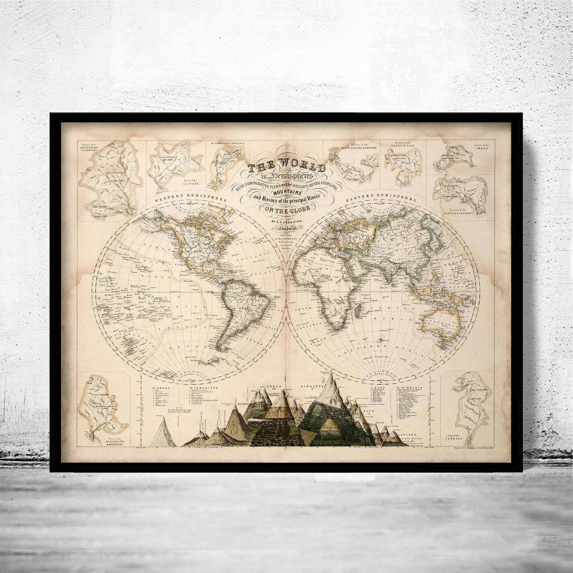 Achat Carte du monde ancienne de 1862, projection de Mercator ...