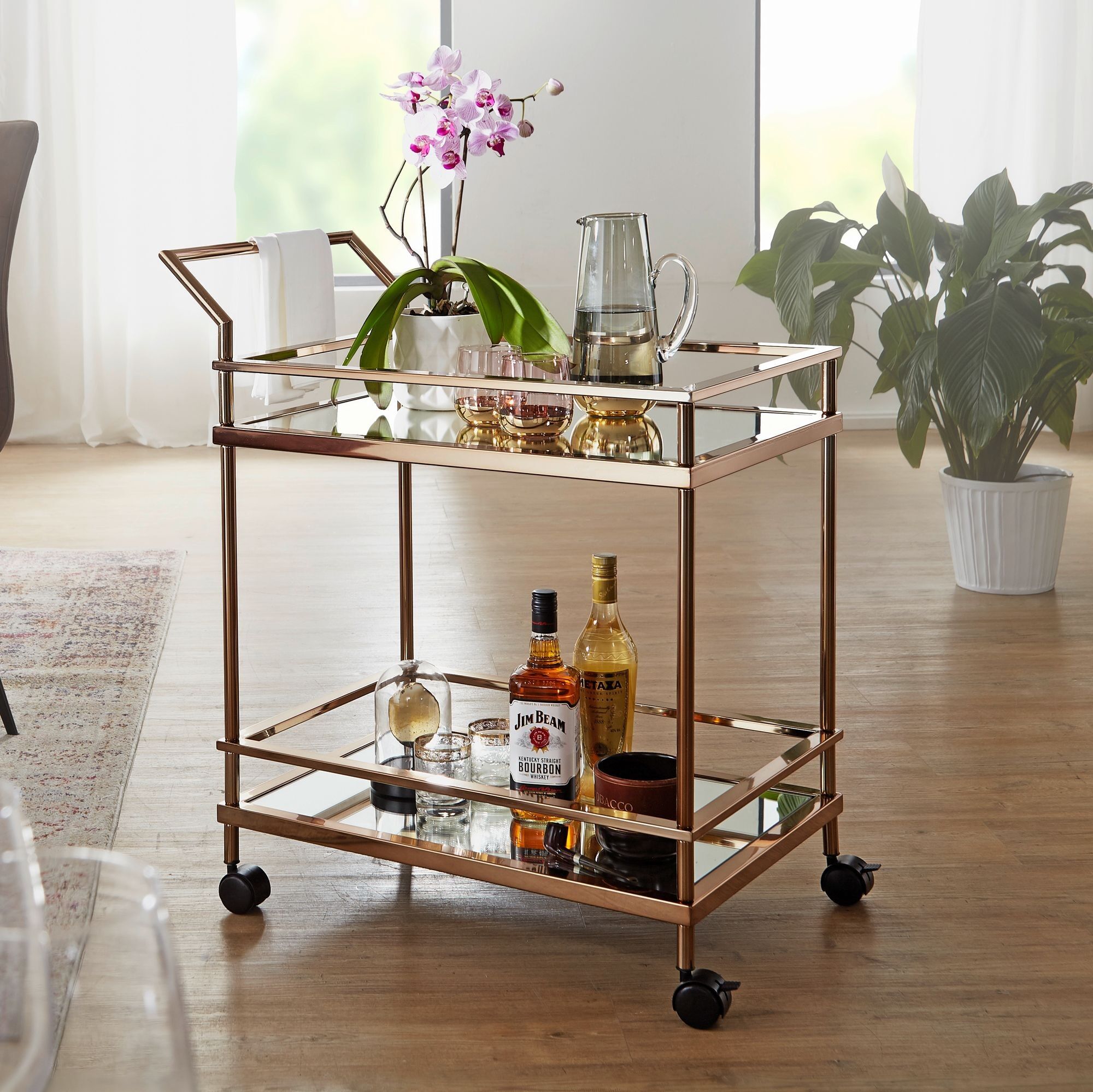 Buy wholesale Design serving trolley dark gold 2 tiers with brake, side ...