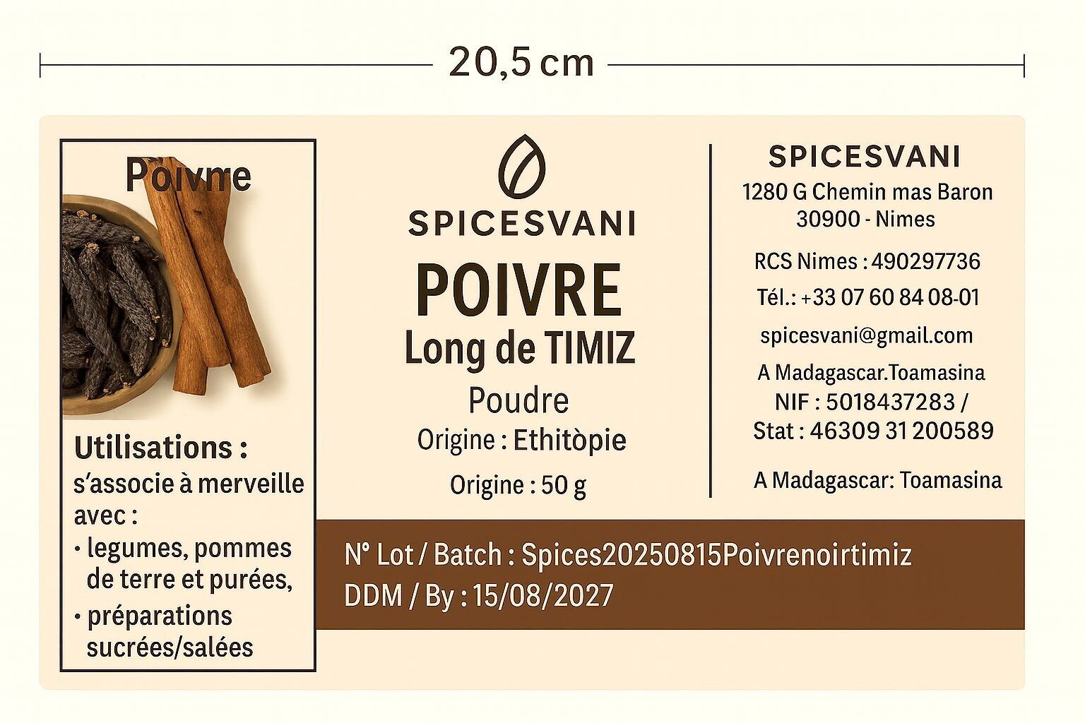 Achat 🌿 Poivre noir long de Timiz (Ethiopie)250 g en gros