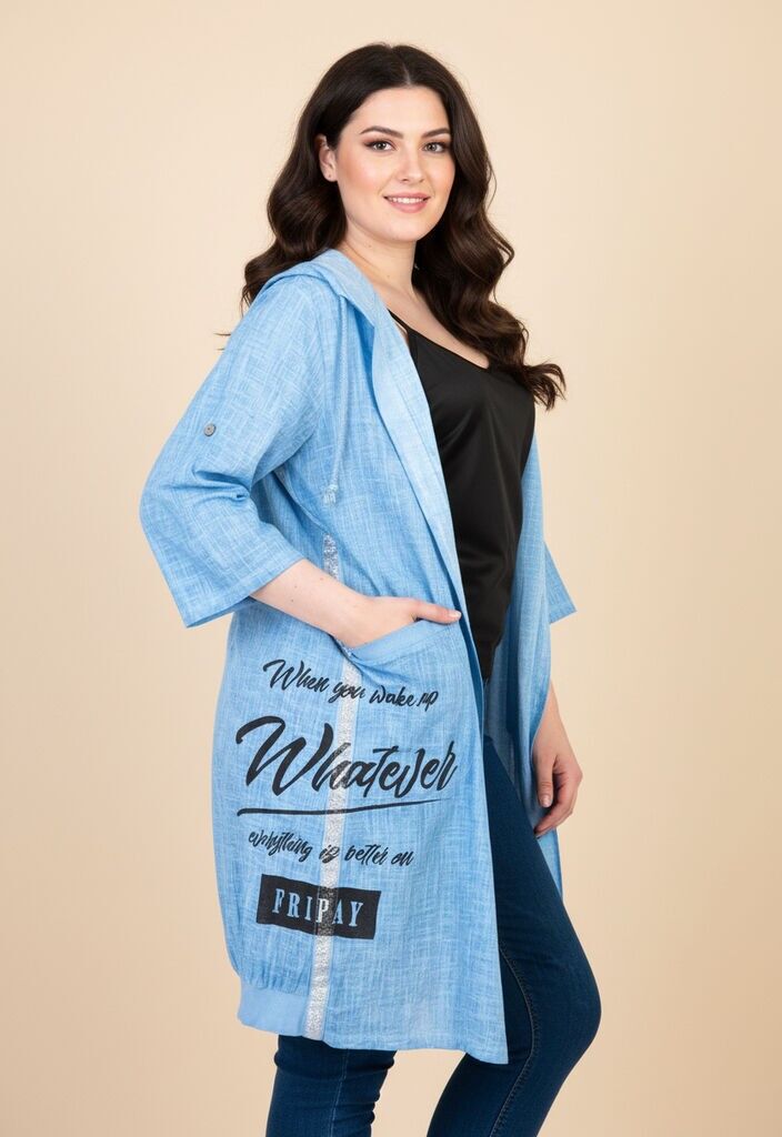 Buy wholesale Plus size light blue long cardigan with inscriptions (C8021)