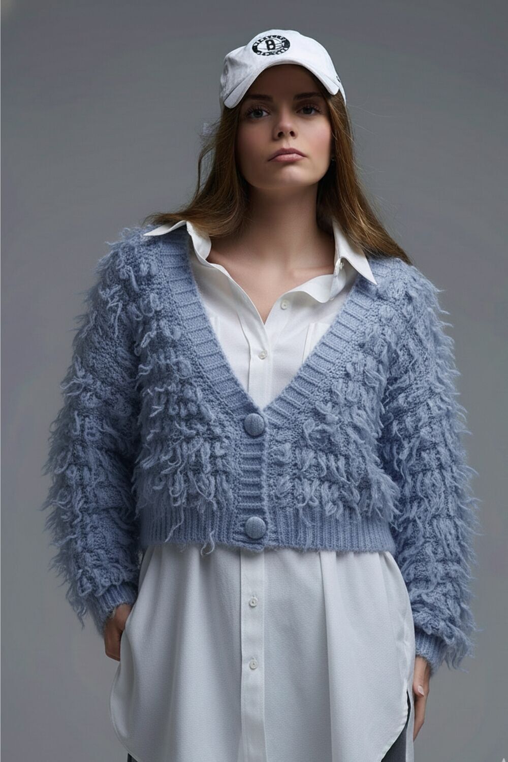 Buy wholesale Soft knit cardigan in a chunky shag style in blue