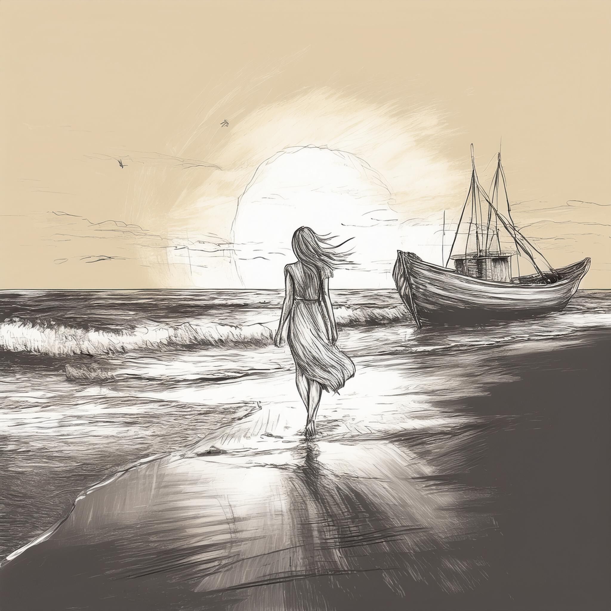 Achat Impression « Croquis d'une fille sur la plage », art numérique ...