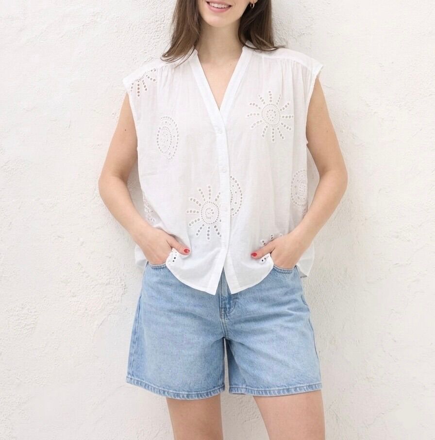 Achat Chemise bohème mancherons col V plongeant broderie anglaise ...